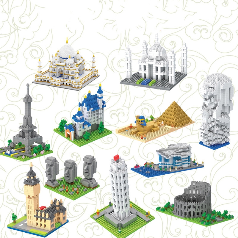 World famous building blocks Eiffel Tower Merlion Taj Mahal Colosseum ...