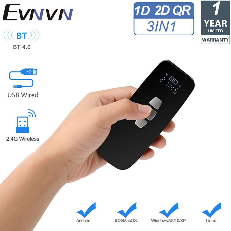 Evnvn 3-in-1 Via Bluetooth 2.4G Wireless & USB Wired 1D 2D Barcode ...