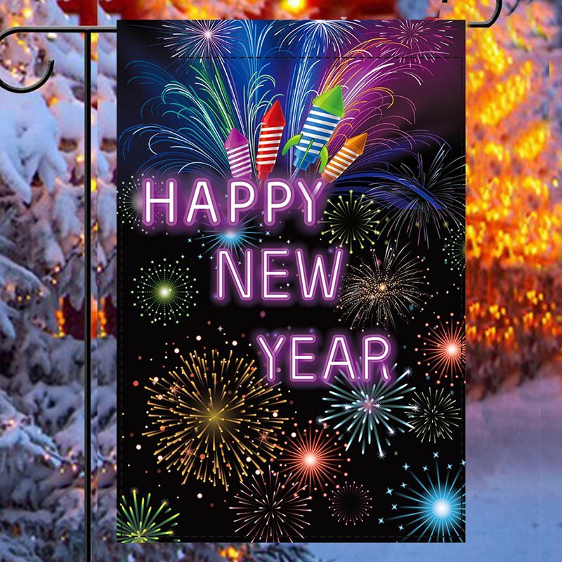 【New】30*45CM Happy New Year Hanging Banner Colorful Fireworks Pattern ...