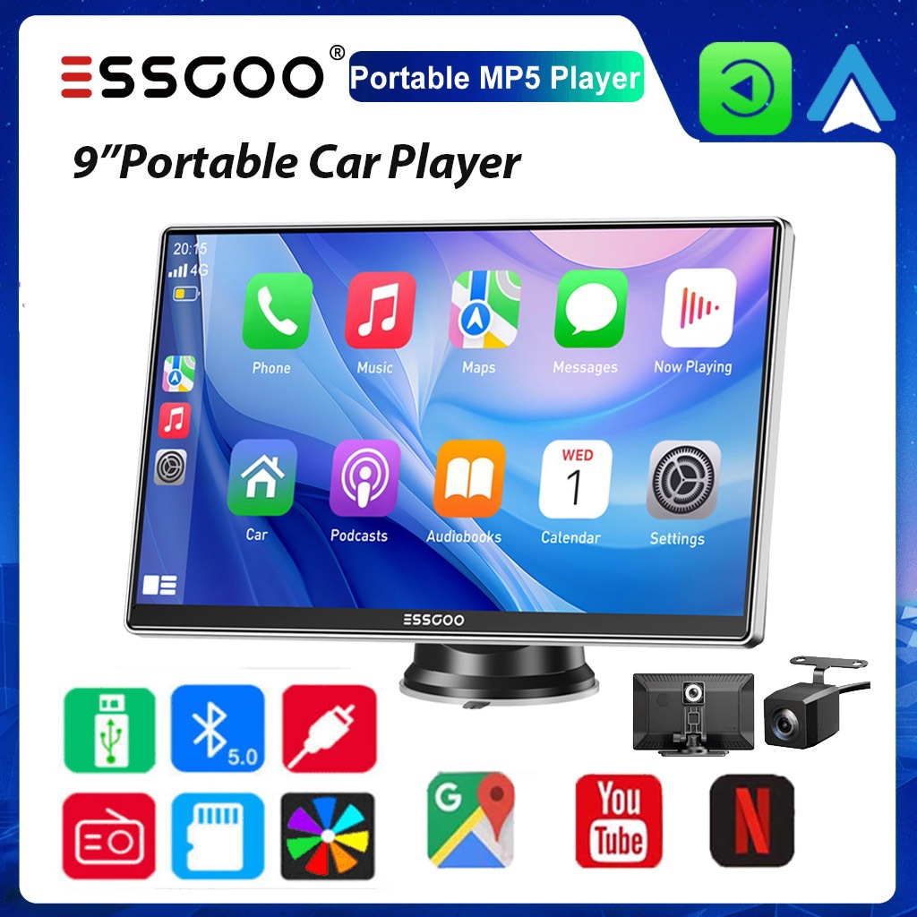 ESSGOO 9" Portable Wireless Carplay Radio Car Multimedia Player Dual Cameras Monitor Touch ...
