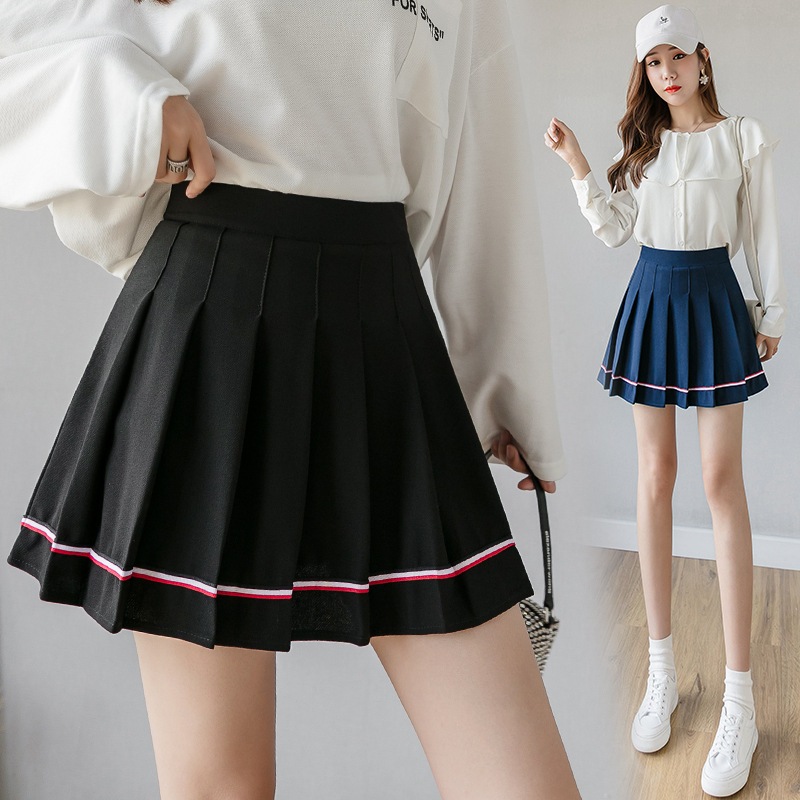 Women's Striped Pleated Skirt College Navy Style High Waist Pants Skirt ...