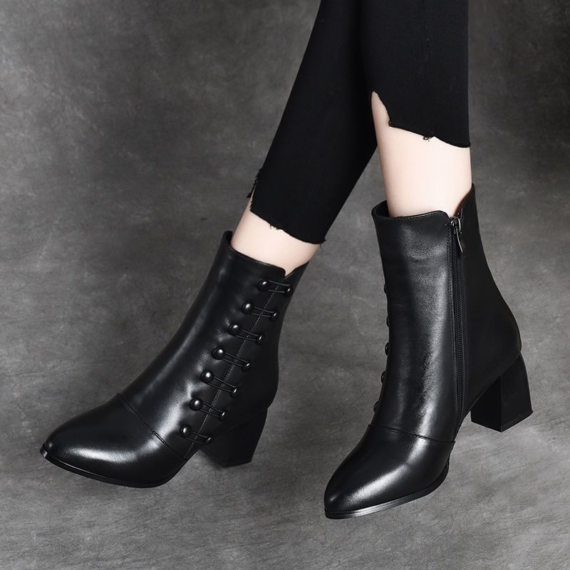 Size 35-42 Women's Leather Shoes Thick Heeled Mid Barrel Martin Boots ...
