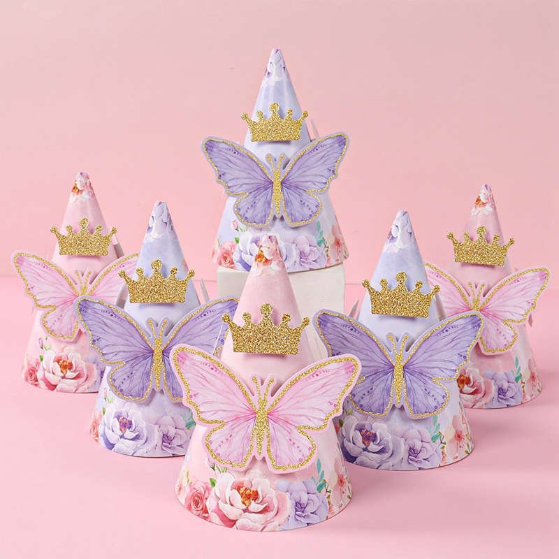 6pcs/set Pink Purple Butterfly DIY Party Paper Hat Cute Birthday Hats ...