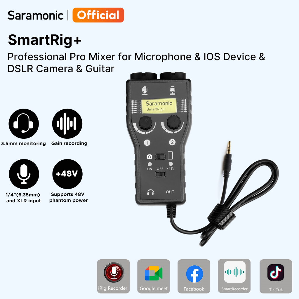 Saramonic SmartRig+ 2-Channel XLR/3.5mm Microphone Audio Mixer with Phantom Power Preamp ...