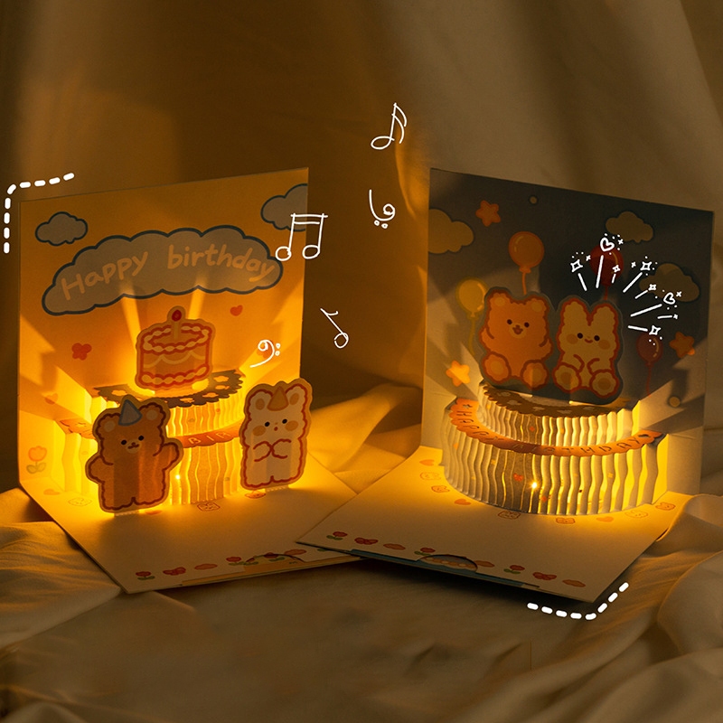 3D Greeting Card with Light Music Pop Up Cute Bear Musical Cake ...