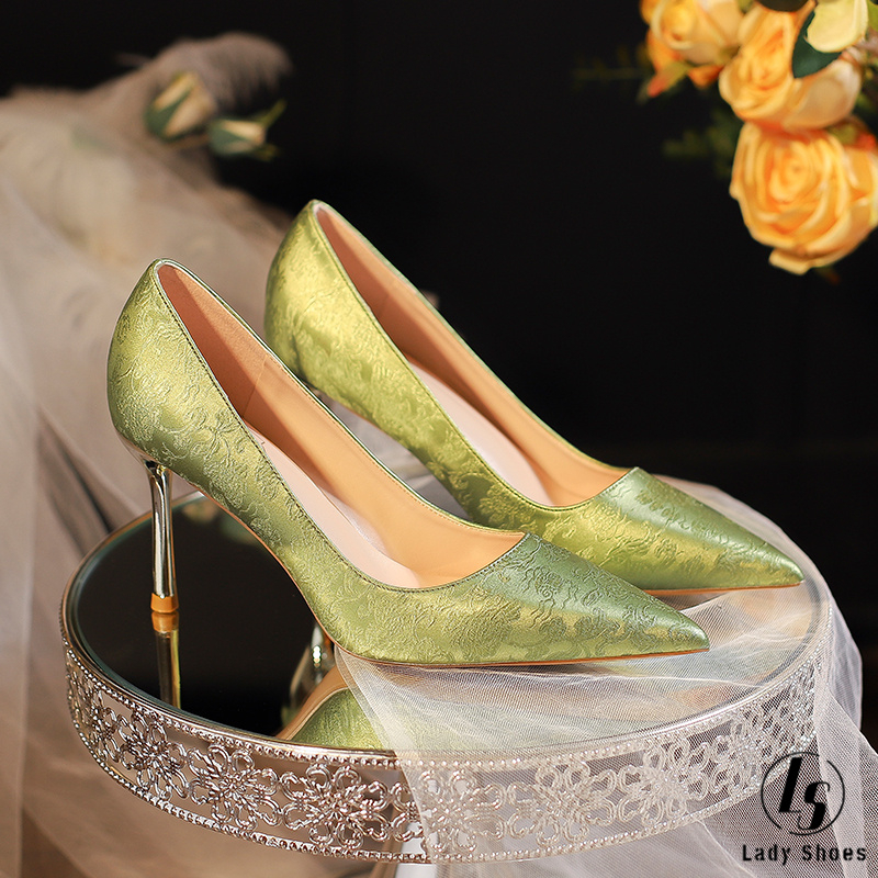 [LS] Chinese Style Green Floral Pattern 3 inches Pointed Toe High Heels ...