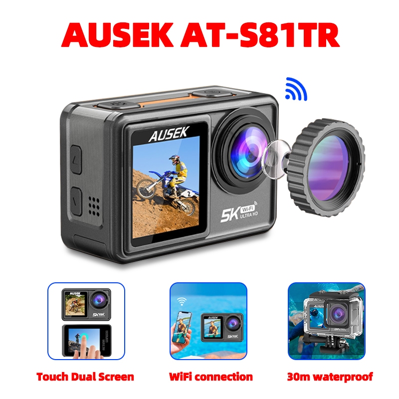 Original AUSEK AT-S81TR 5K 30FPS Action Camera S81tr Dual Color Touch Screen EIS Sport Camera ...
