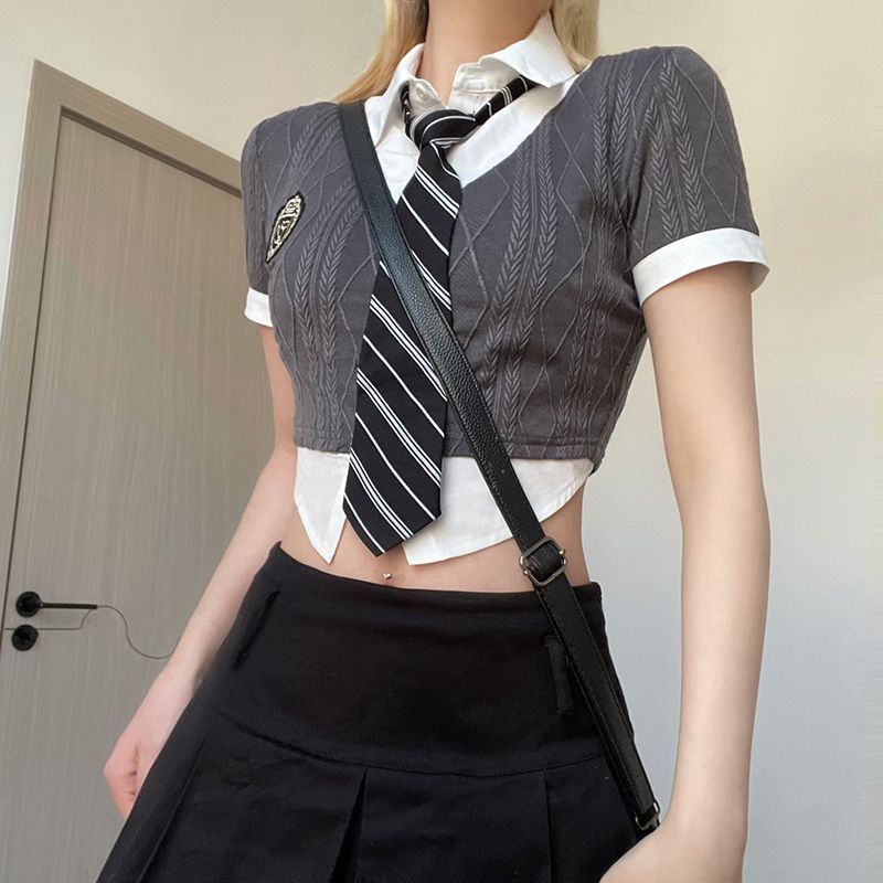 Papinas 2024 American Style Preppy Style Contrast Color Fake Two-Piece ...