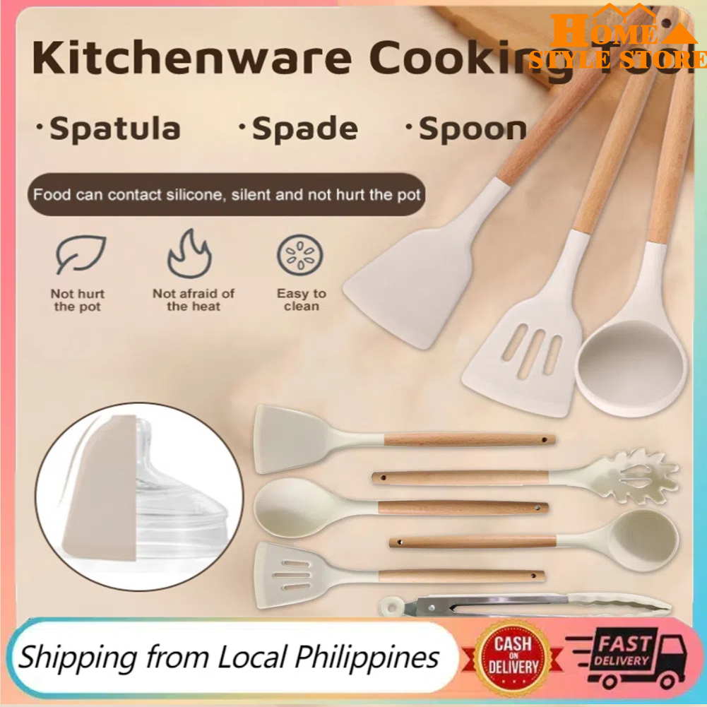 3pcs/6pcs White Silicone Kitchenware Cooking Utensils Set Wooden Handle ...