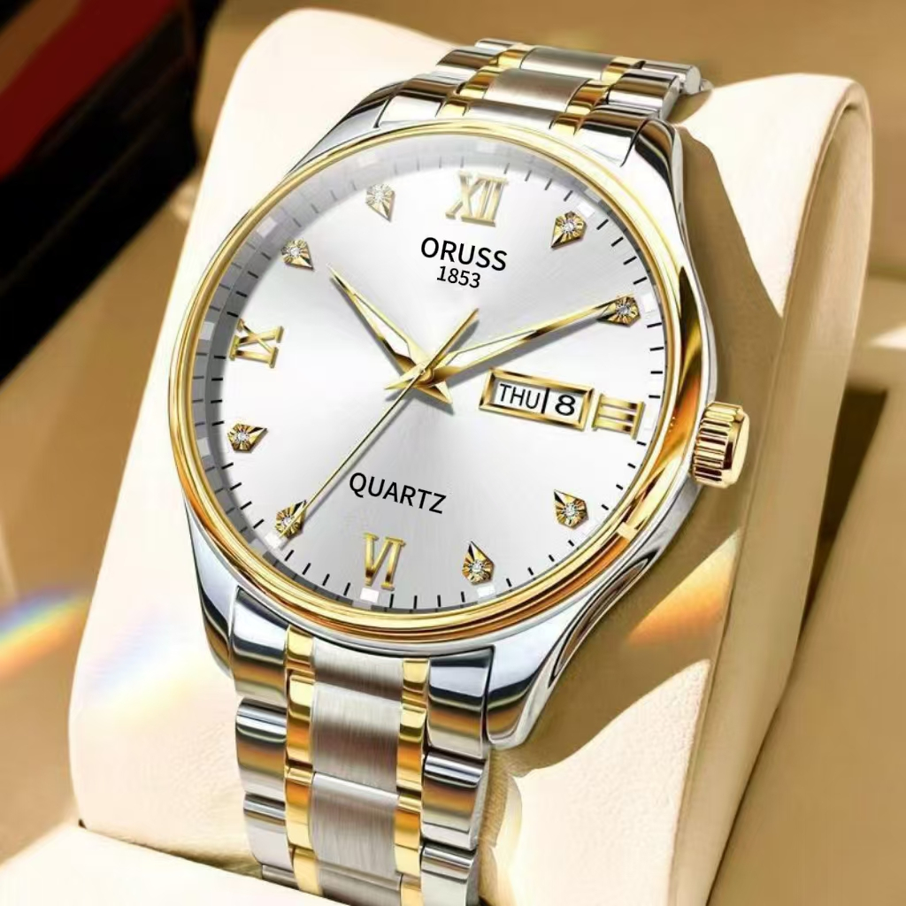 [Gift][With Box]ORUSS Original Men Stainless Steel Luxury Dual Calendar ...