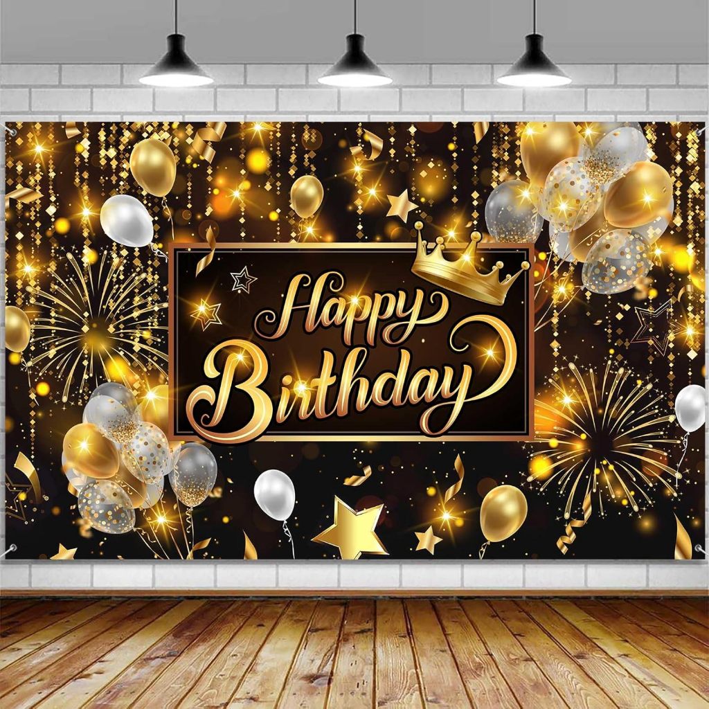 5X3FT Happy Birthday Party Banner Backdrop, Black and Gold Balloons ...