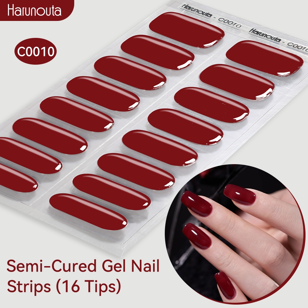 Harunouta 16 Tips Semi Cured Gel Nail Strips Red Series Gel Nail ...