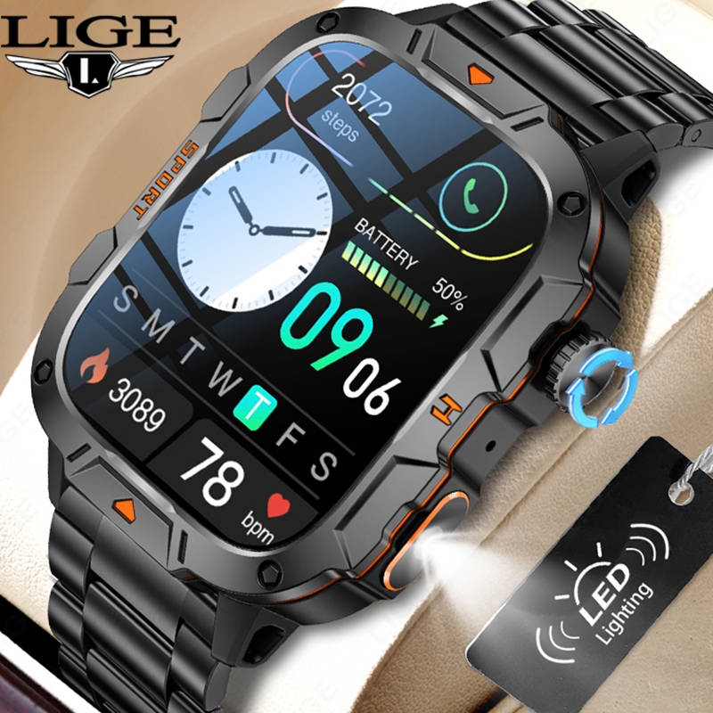 LIGE Smart Watch Men Waterproof LED Flashlight 100+ Sports Blood ...