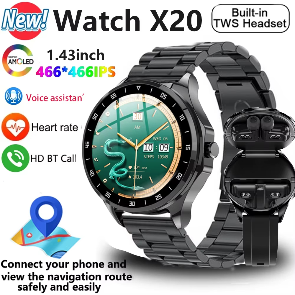 Men's Smart Watch TWS 2-in-1 Bluetooth Headset AMOLED Bluetooth Call ...