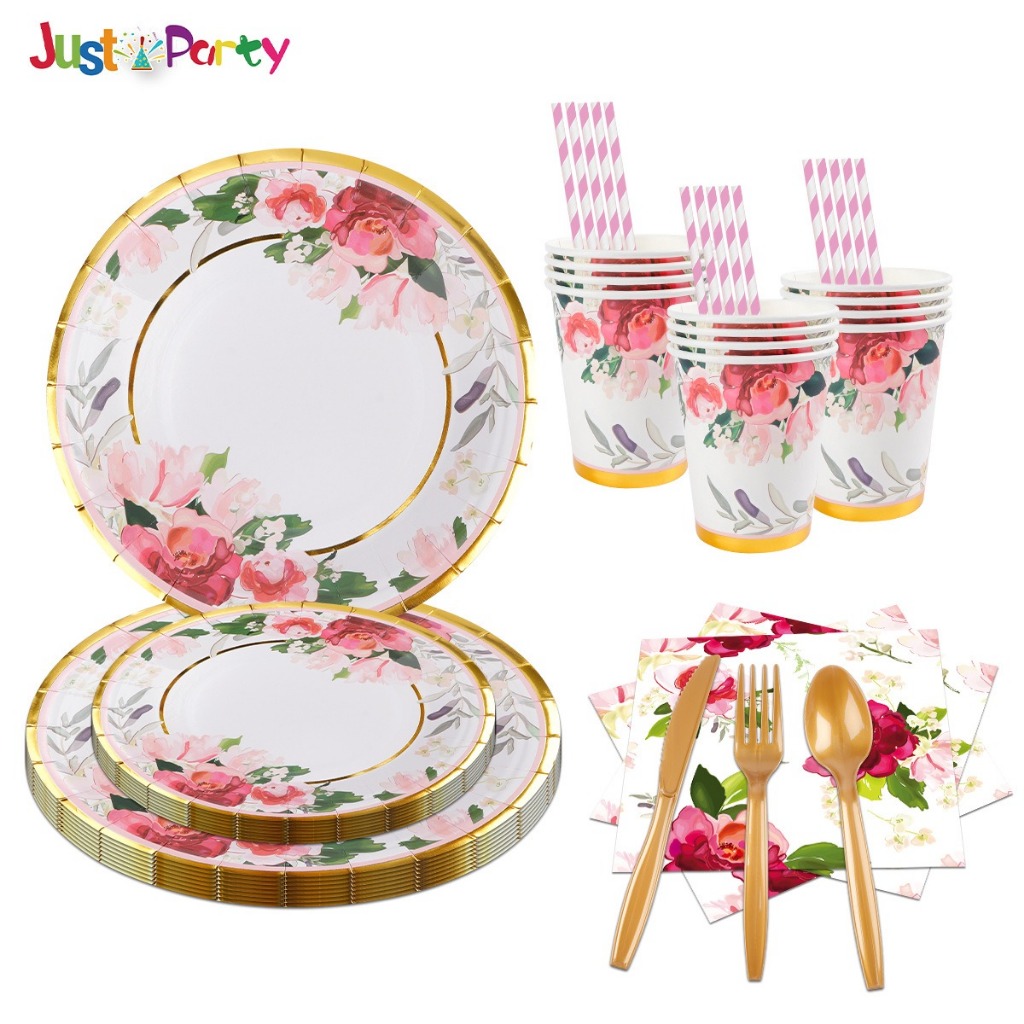 Flower bronzing party paper plate set disposable birthday paper plate ...
