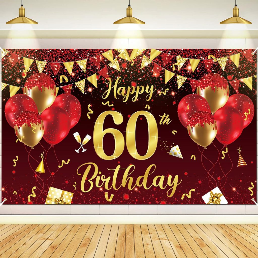Red Black Gold 60th Birthday Banner Decorations for Men Women Shiny Red ...