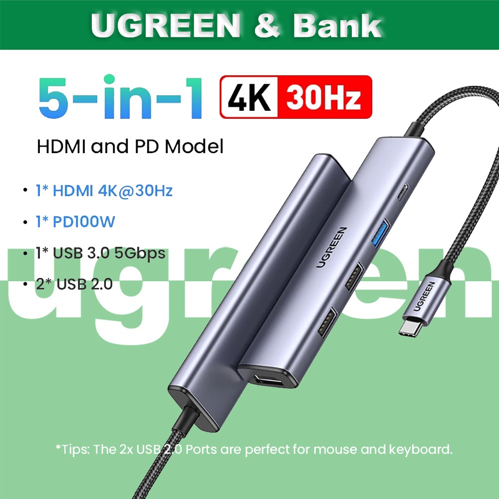 UGREEN 5 in 1 USB C Hub Ethernet 4K HDMI VGA 100W power transmission 3 USB port 3.0 15495 ...