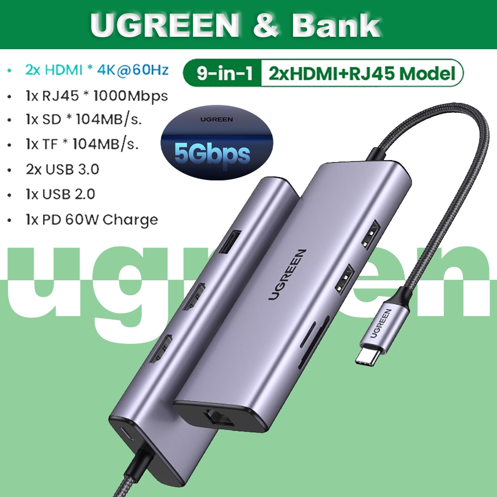 Ugreen 9-In-1 USB C Multiport Hub With 4k@60hz 2*HDMI Port Rj45 100w ...