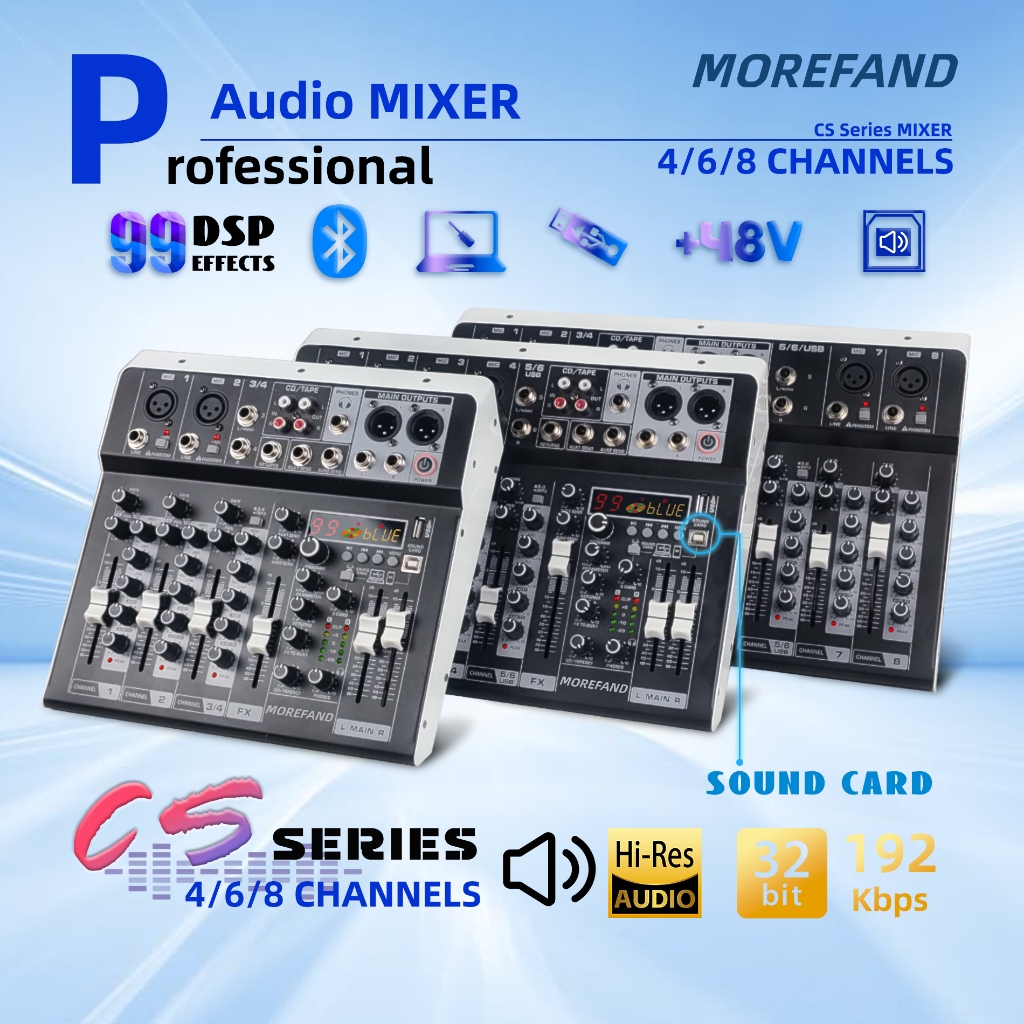 MOREFAND Console Audio Mixer 99DSP 4/6/8 Channel dengan Bluetooth, Rekaman, dan Efek Reverb ...
