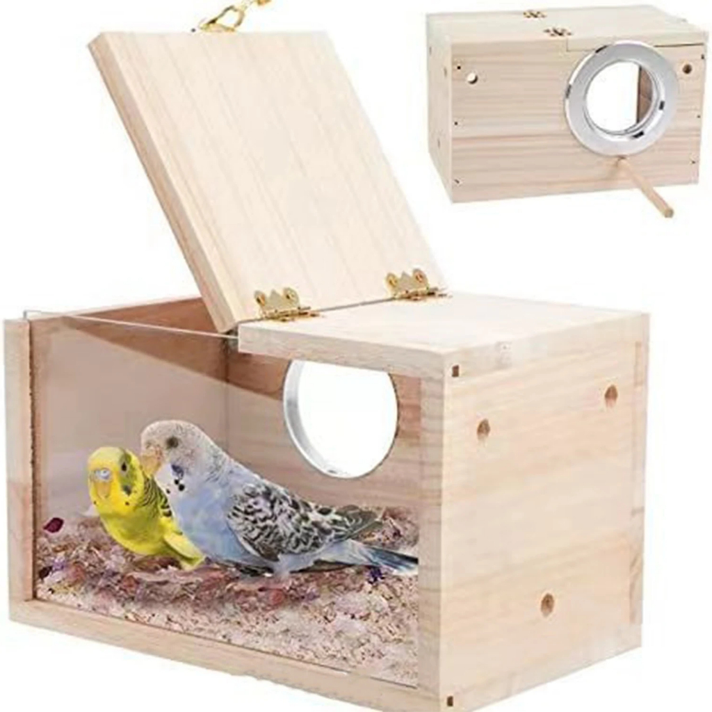 1 Pc Bird Nesting Box Transparent Bird House Cage Wood Breeding Box For ...