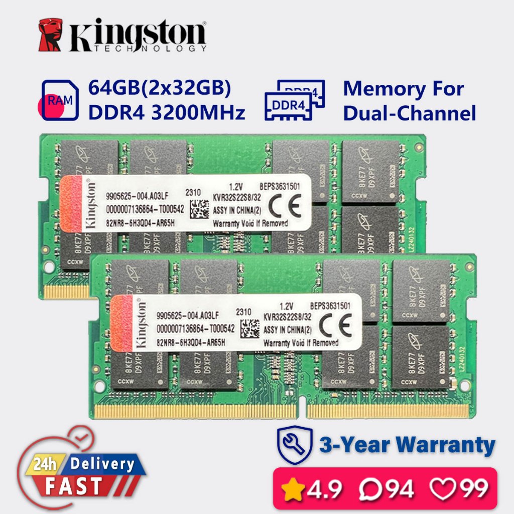 KINGSTON 16gb 32gb 64gb 3200mhz ddr4 Dual channel memory ram laptop sodimm pc4 25600s | Shopee ...
