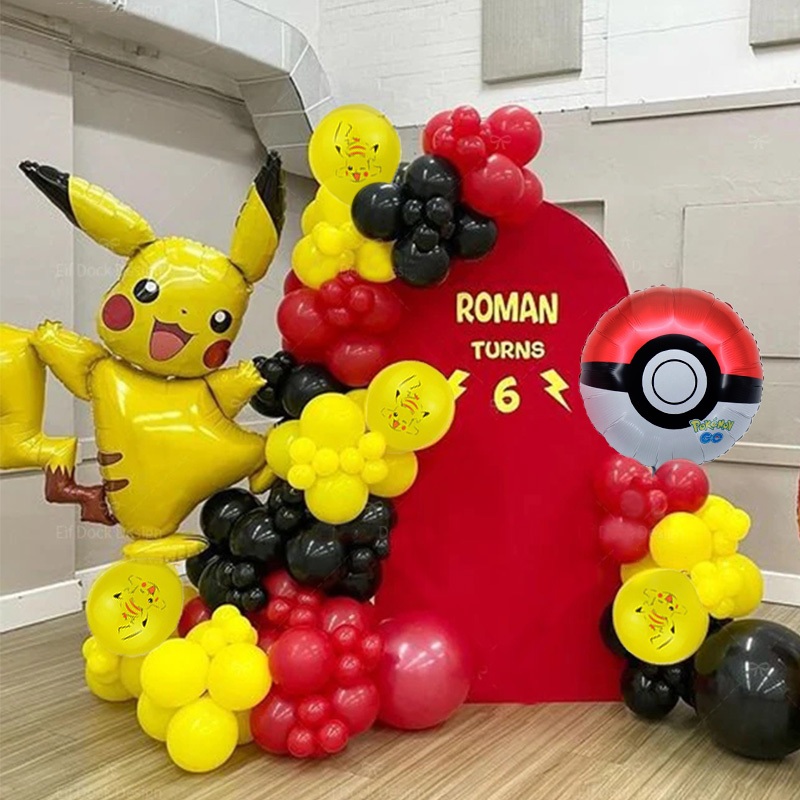 84pcs Cartoon pokemon Theme Red Yellow Black Balloon Arch with Pikachu ...