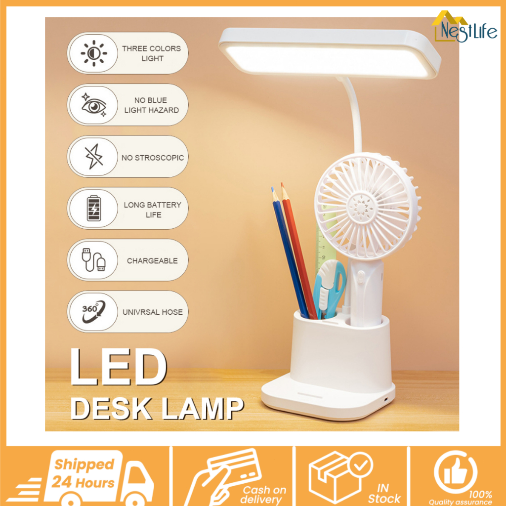 LED Desk Lamp USB Foldable Study Lamp Dimmable Pen Holder Lamp Shade ...