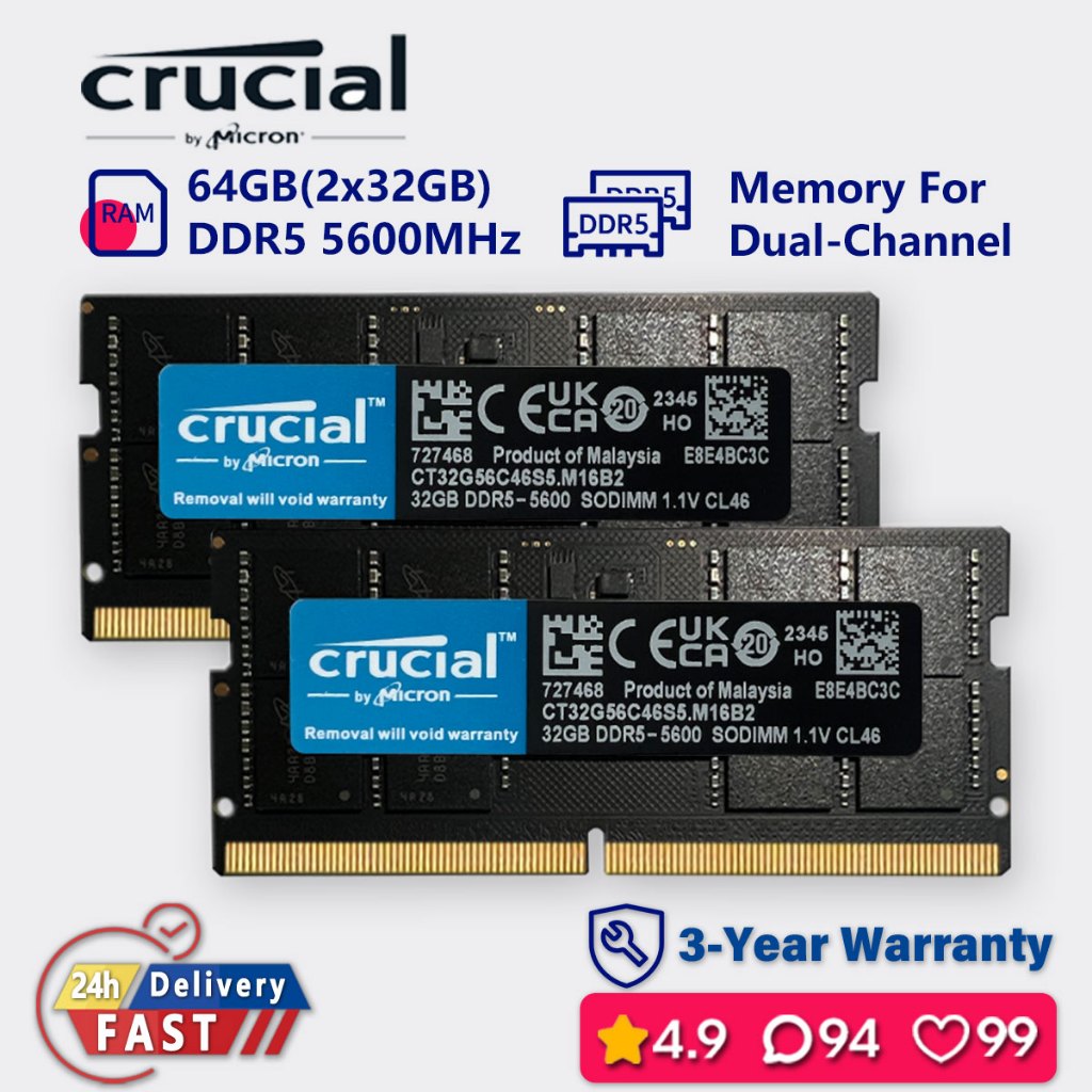 CRUCIAL 16gb 32gb 64gb 5600mhz ddr5 Dual channel memory ram laptop ...