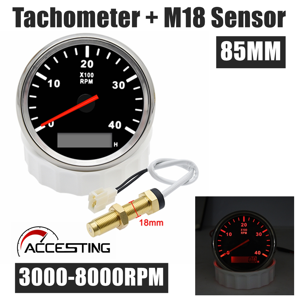85MM 3000-8000RPM Tachometer + M18 Tachometer Sensor Gasoline Diesel Engine Tacho With LCD ...