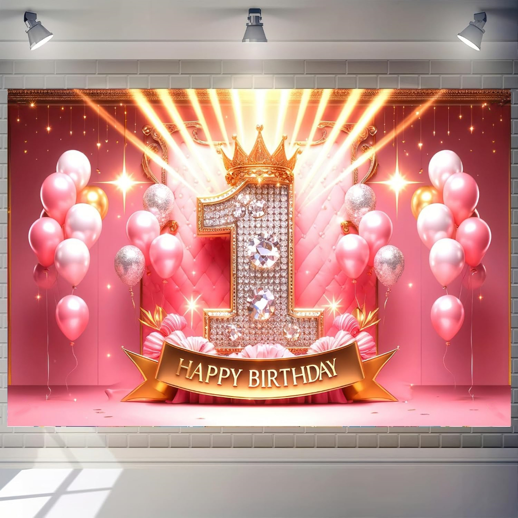 Happy 1st Birthday Photography Backdrop Diamond Crown Princess Birthday ...