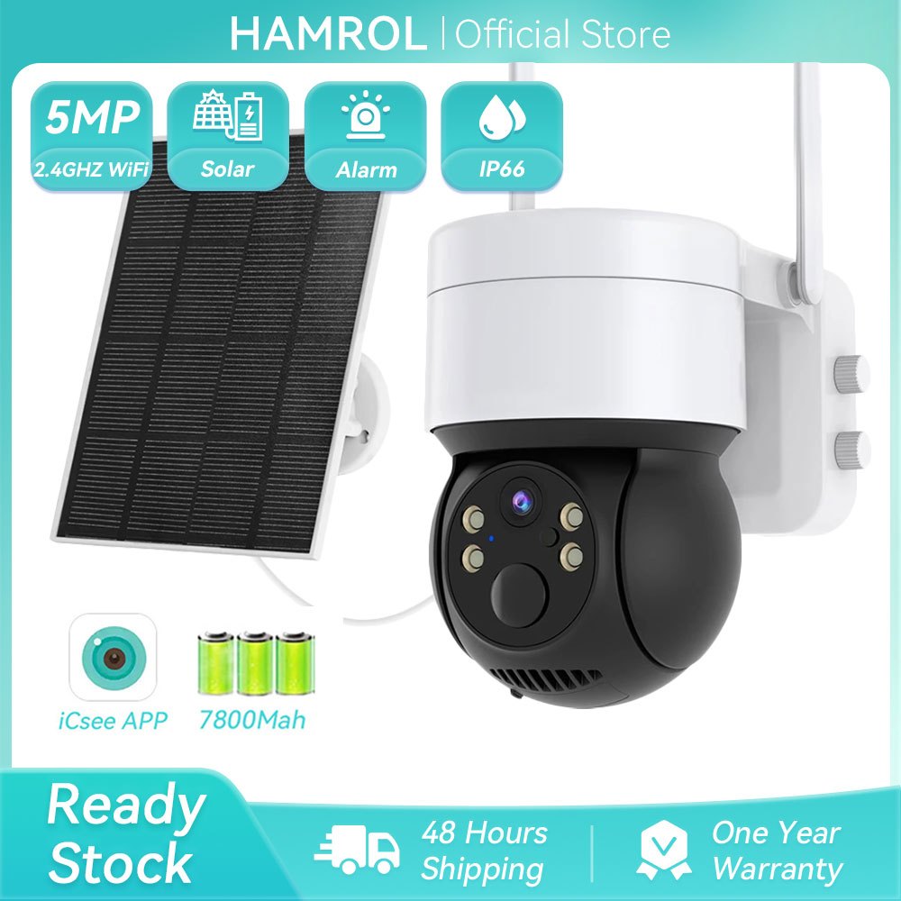 Hamrol 5MP Solar Low Power Battery PTZ WiFi IP Camera 4X Zoom PIR Human ...