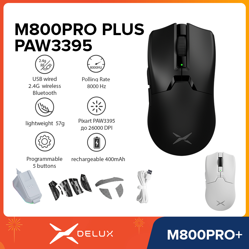 DELUX M800PRO PLUS PAW3395 8000Hz Rechargeable 400mAh up to 26000 DPI Lightweight 57g ...