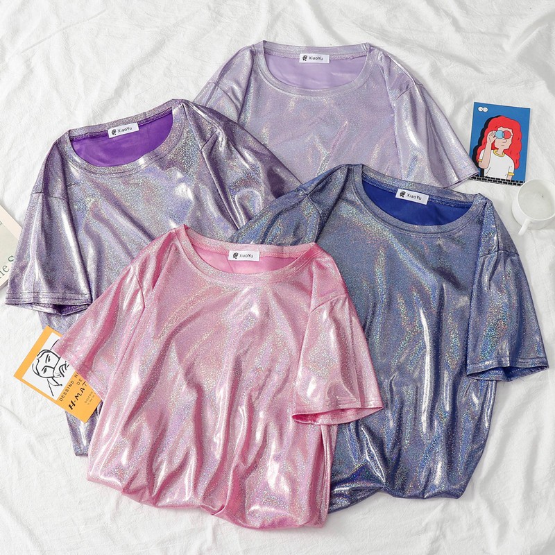 SIZE S- 5XL sequins T Shirt Top Retro dance glitter Shiny PLUS SIZE Loose Harajuku Short Sleeve ...
