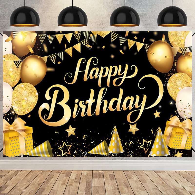 150*100cm Polyester Black Gold Happy Birthday Backdrop Star Balloon Pattern Backdrop For ...