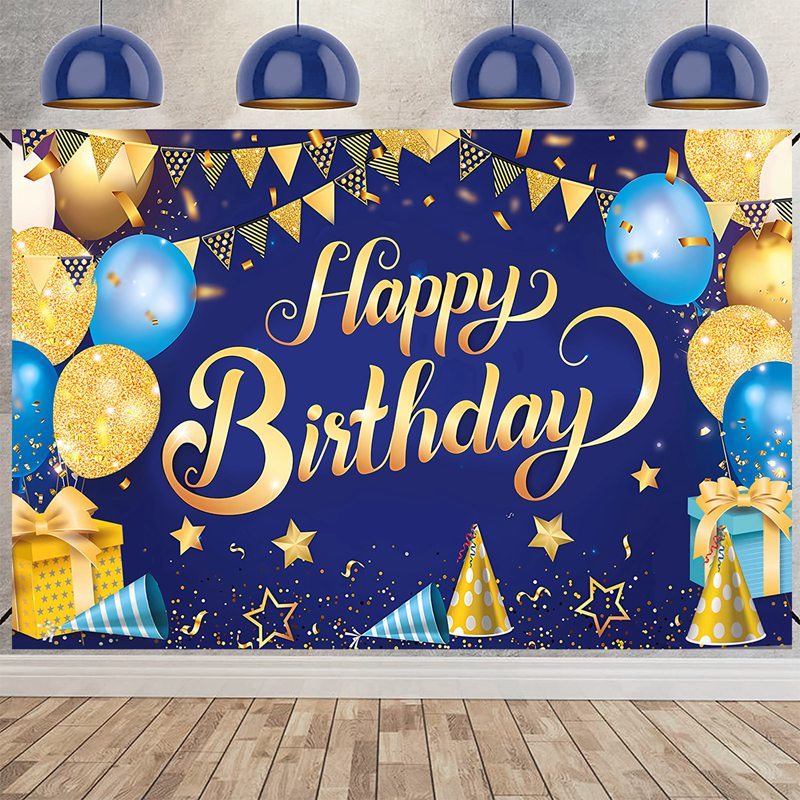 150*100cm Polyester Blue Gold Happy Birthday Backdrop Star Balloon Pattern Photography ...
