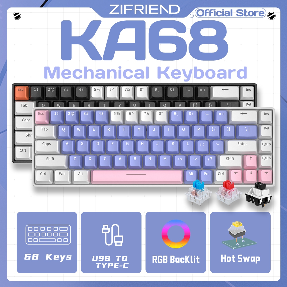 ZIFRIEND KA68 Mechanical Keyboard Hot Swap 68 Keys Mix Light Hotswap ...