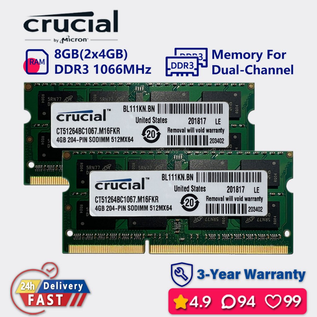 CRUCIAL 8gb 1066mhz ddr3 Dual channel laptop memory ram sodimm pc3 ...
