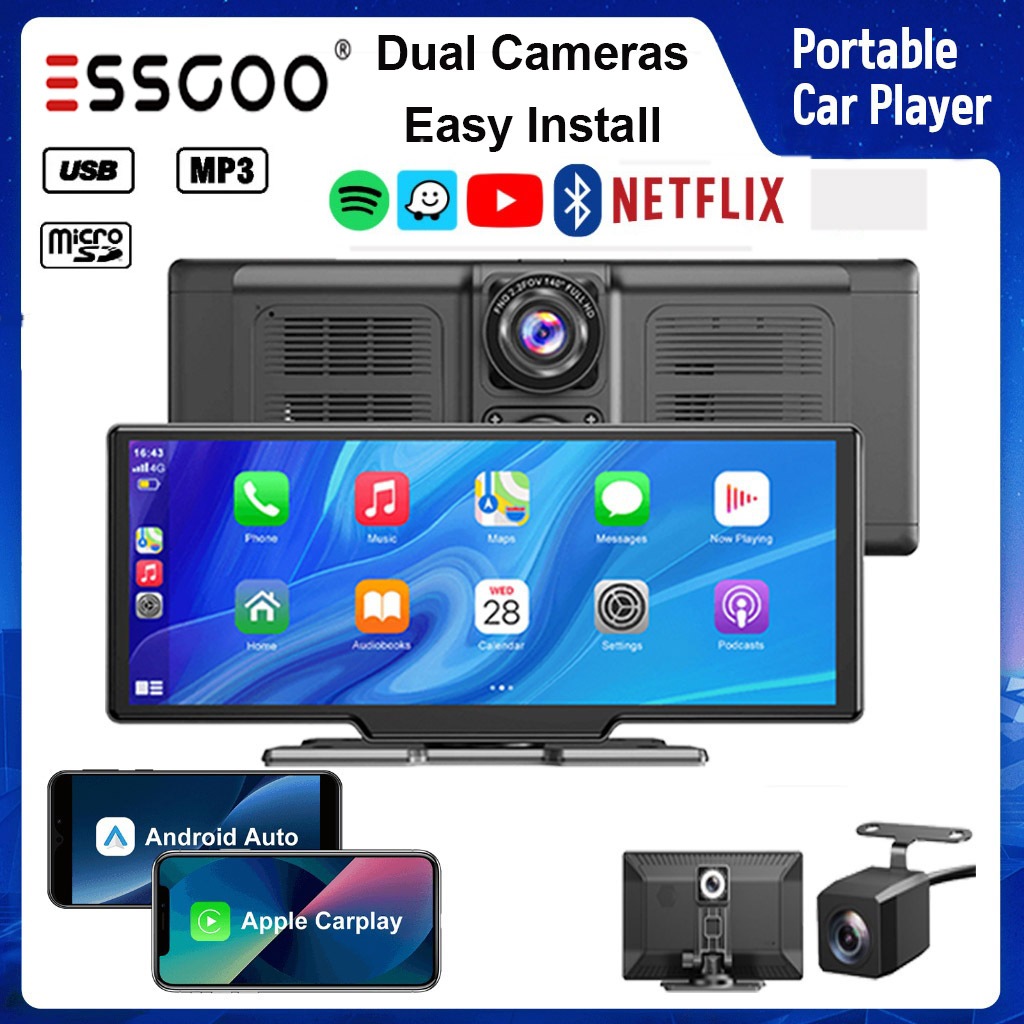 ESSGOO 10" Portable Wireless Carplay Radio Car Multimedia Player FHD IPS Monitor Touch Screen ...