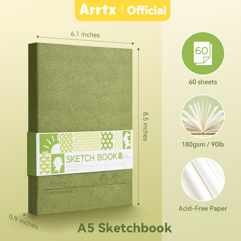 Arrtx A5 Sketchbook, 60 Sheets 90Lb/180GSM, 100% Wood Pulp Pro Drawing ...