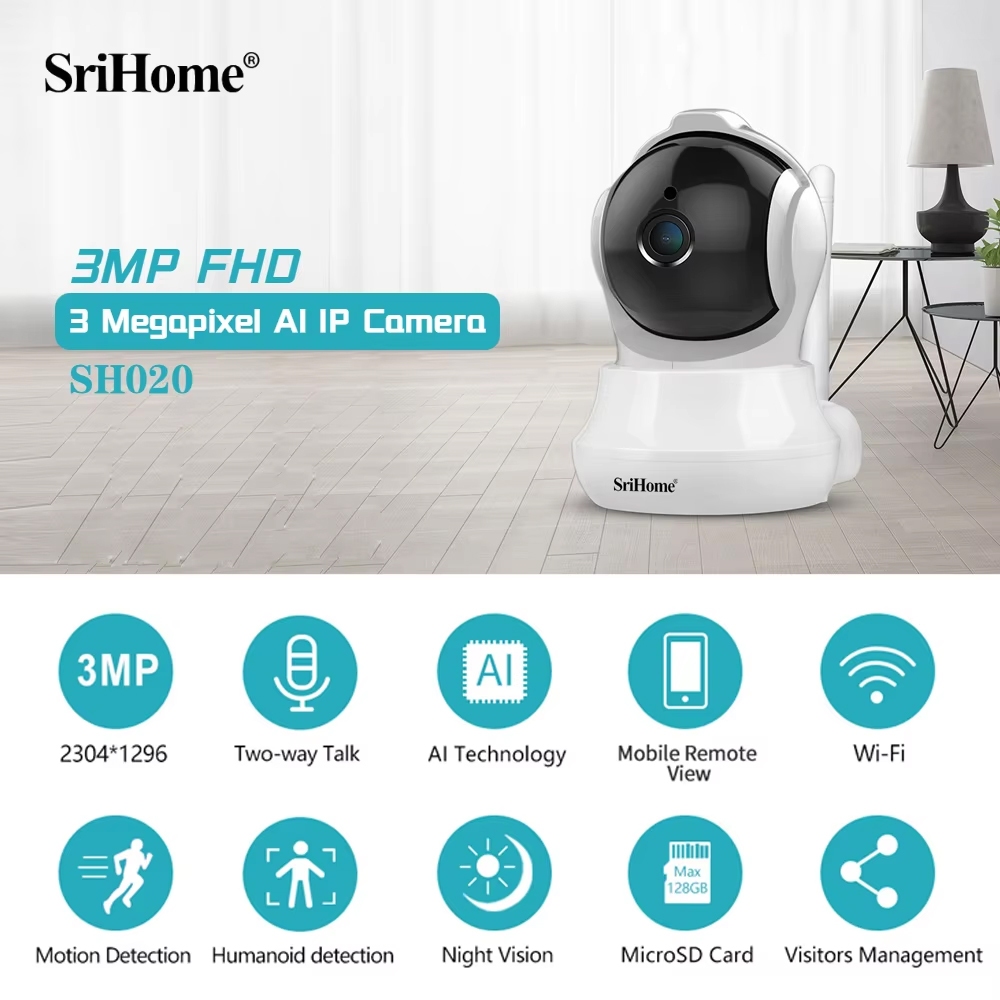 SriHome SH020 3.0MP 360° Mobile Remote View CCTV Camera Smart Home Wifi IP Camera Night Vision ...