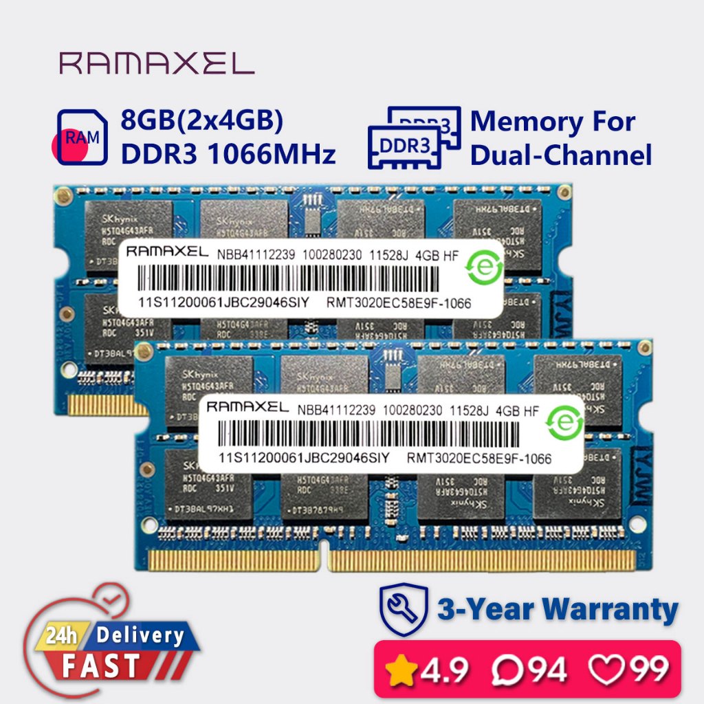 RAMAXEL 8gb 1066mhz ddr3 Dual channel laptop memory ram sodimm pc3 8500s 1.5v | Shopee Philippines