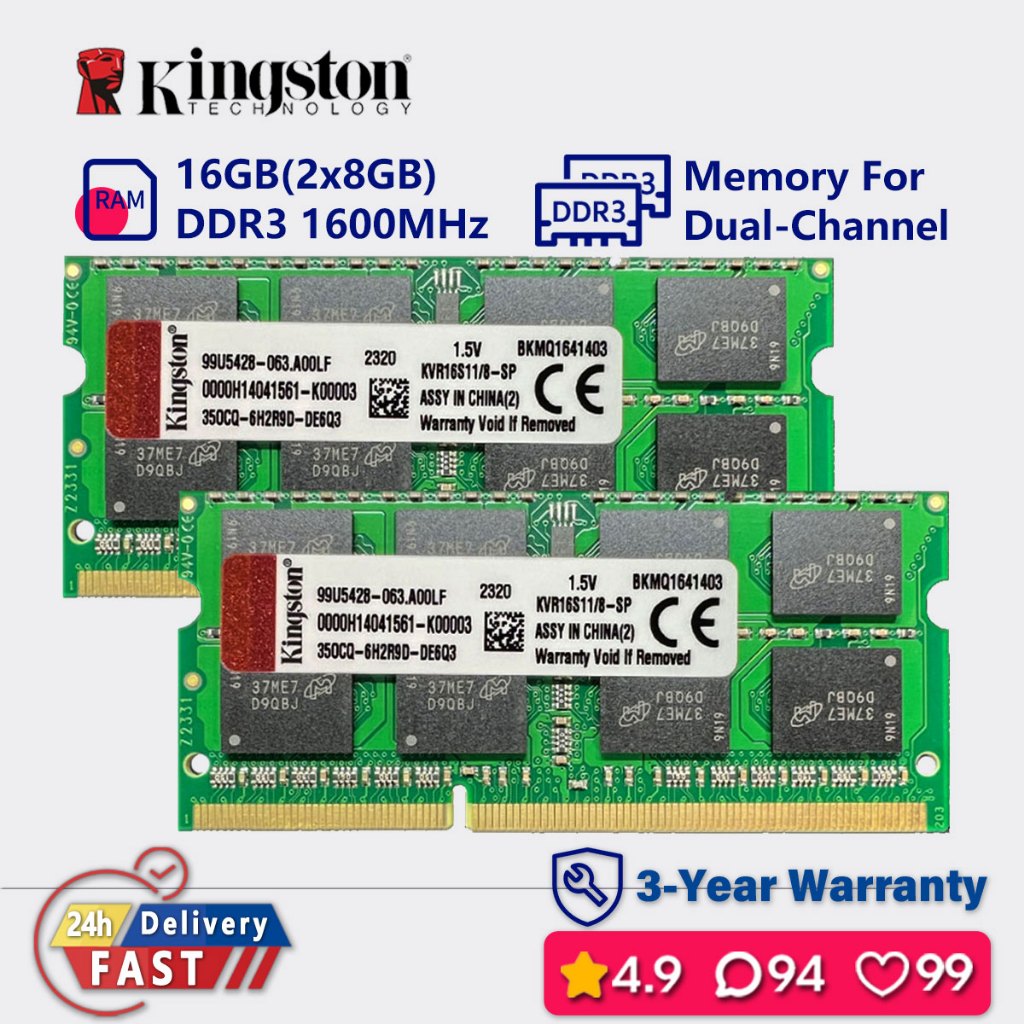 Kingston 16gb 8gb 1600mhz ddr3 Dual channel laptop memory ram sodimm pc3 12800s 1.5v | Shopee ...