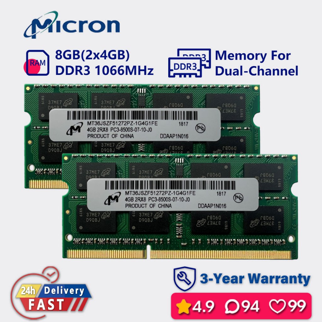 MICRON 8gb 1066mhz ddr3 Dual channel laptop memory ram sodimm pc3 8500s ...
