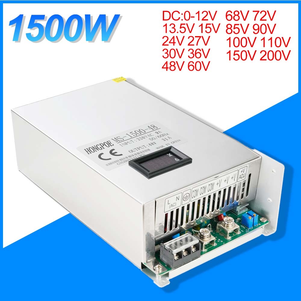 Adjustable 1500W 0-12V 15V 24V 36V 48V 60V 72V 85V 90V 110V 150V 200V 110/220V AC to DC Power ...