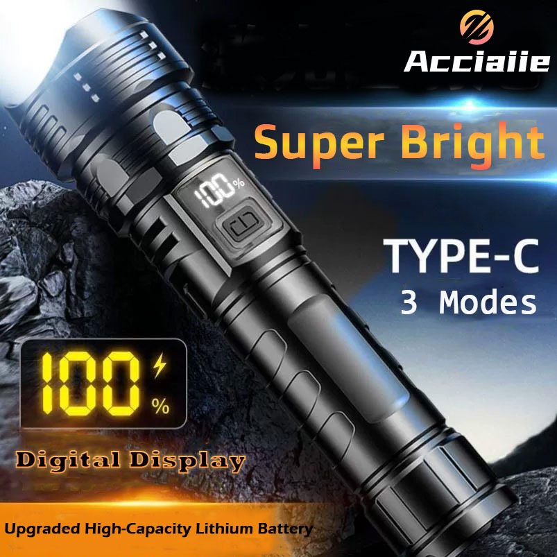 Acciaiie Flashlight Rechargeable Waterproof Smart Digital Display LED ...