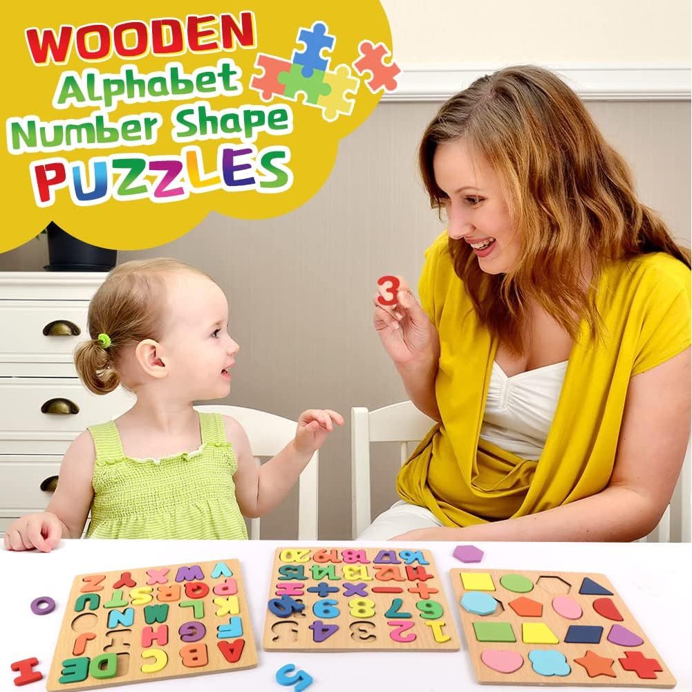 Wooden Learning Puzzles for Kids - Letters, Numbers, and Shapes Set of ...