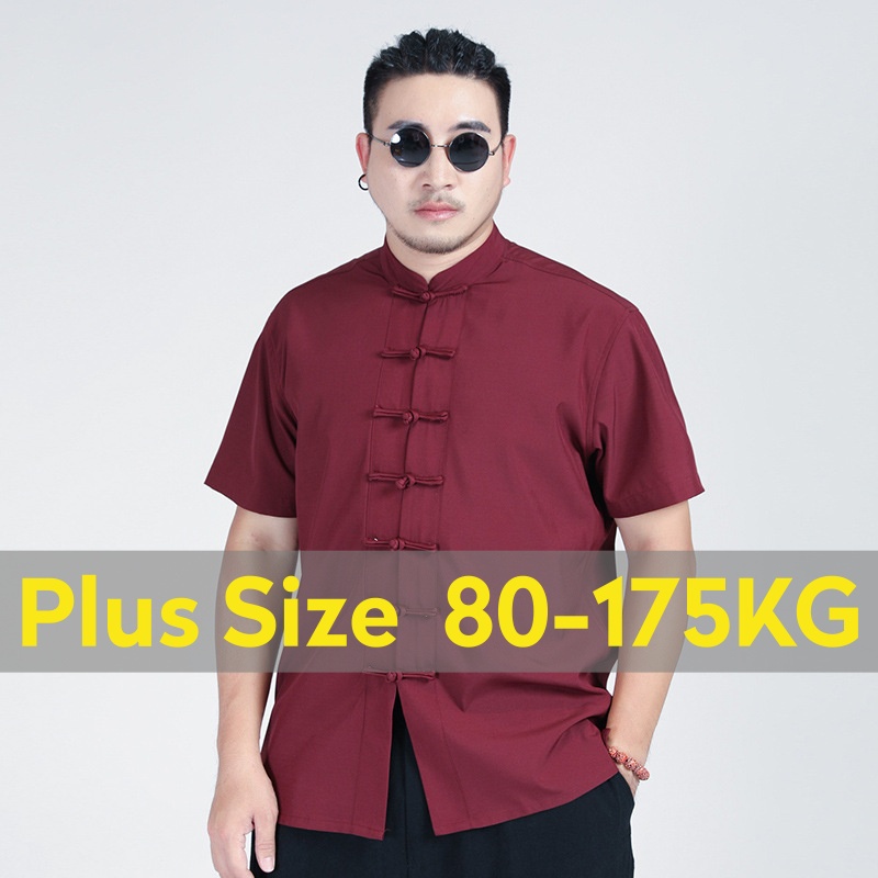 80-175KG Men Plus Size Loose Plain Mandarin Collar Knot Buttons Short ...