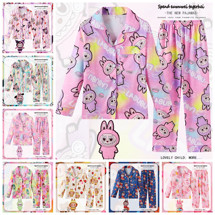 Cute Labubu Girls Pyjamas Children Long Sleeve pajamas Big Girl Lapel ...