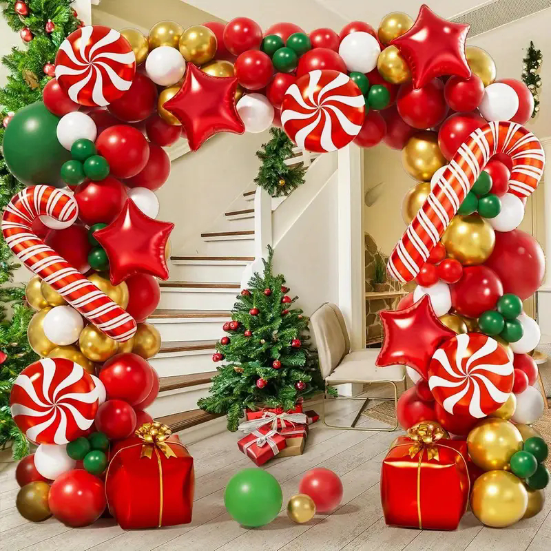 146pcs, Christmas themed balloon set, including red, green, and gold ...