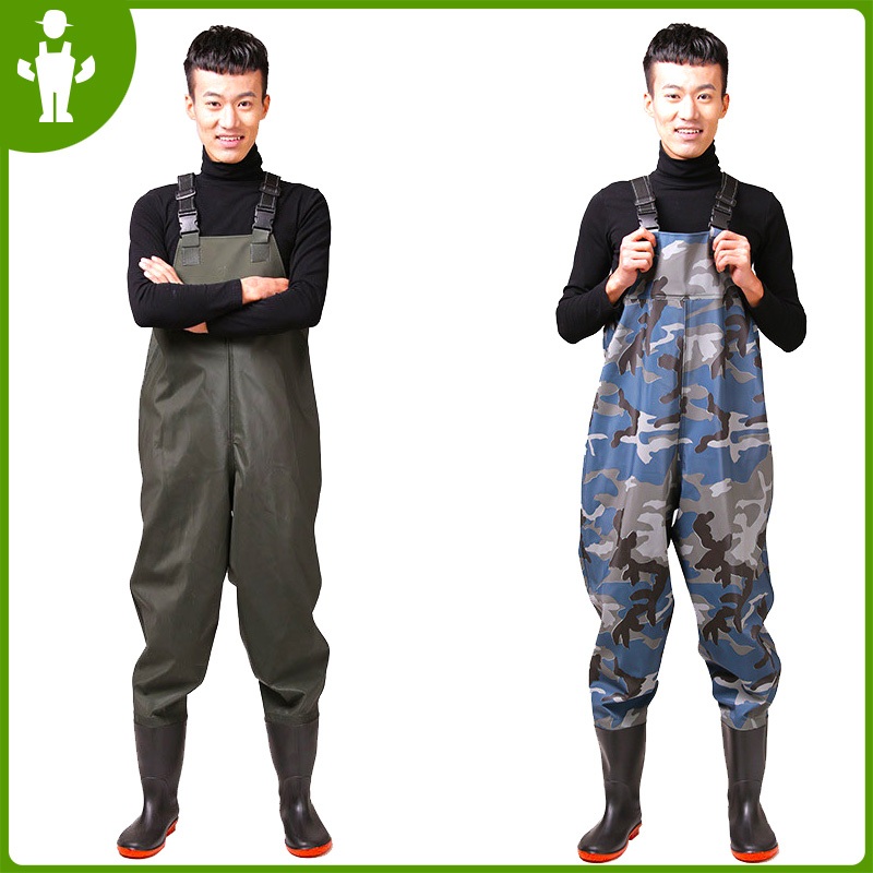 QW Fishing Pants Rain Pant Overall with Thick Rain Boots Waist Wading ...